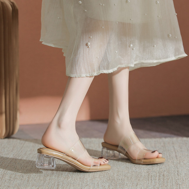 Sheepskin version~Six o'clock uncle's transparent high-heeled sandals ...