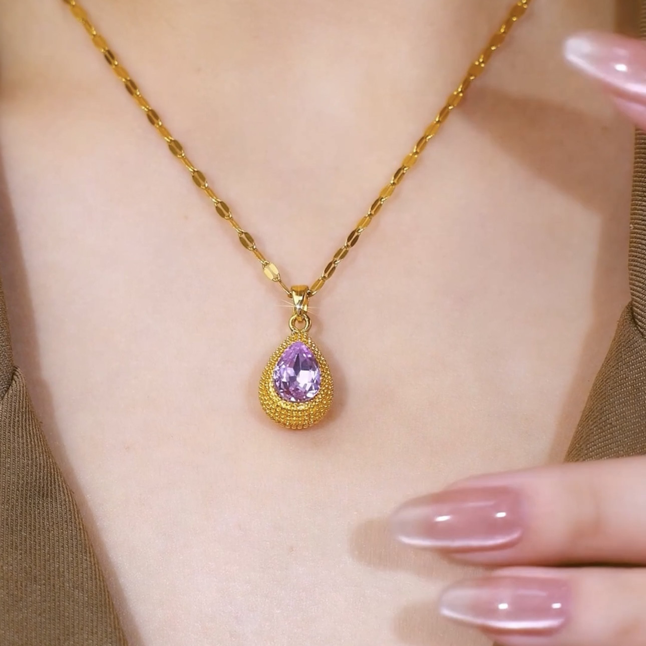 Titanium Steel Colorless Purple Water Drop Necklace 2024 New Trendy ...