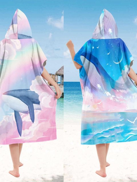 Dolphin Print Double-Sided Fleece Hooded Quick-Drying Bathroom Robe ...