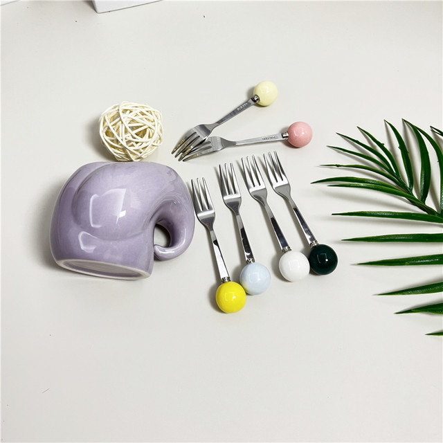 Creative little elephant ceramic fruit fork set 304 stainless steel ...