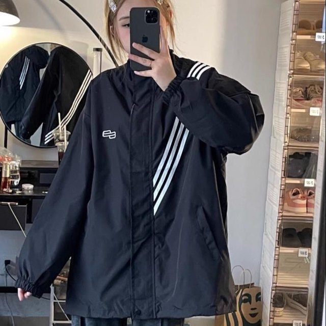 American retro stitching stand -up collar three -way barbar striped ...