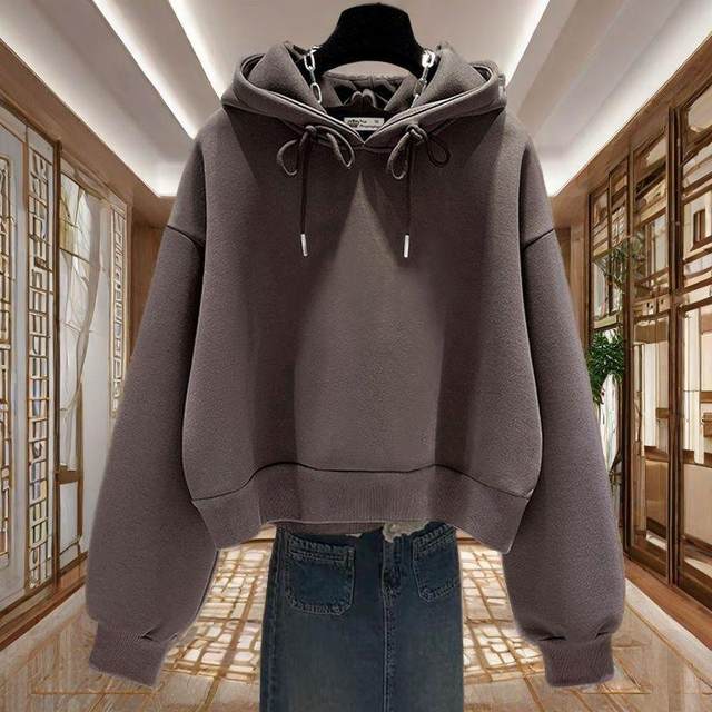 2025 new Angola red short hooded sweater female solid color casual plus ...