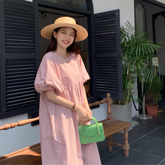 Hanfeng Chic2024 summer new fresh girl versatile bubble sleeves behind laces large size wild dress