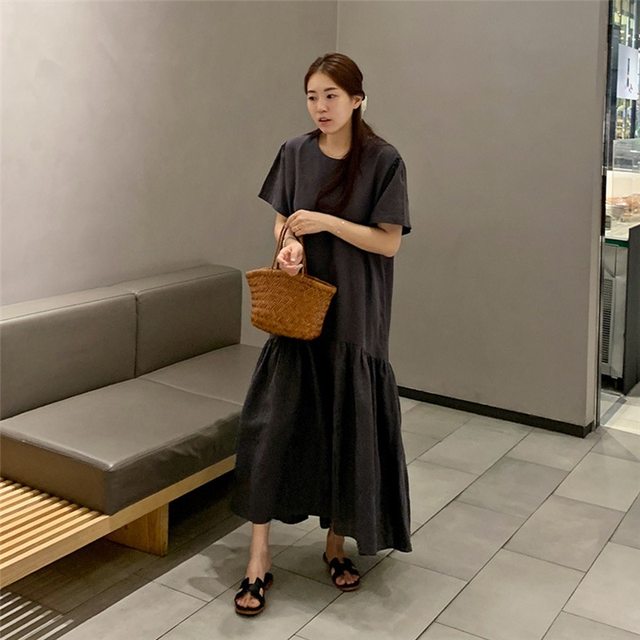 XL-4XL! Korean women's chic loose slim short-sleeved dress plus size fat MM retro ankle-length skirt