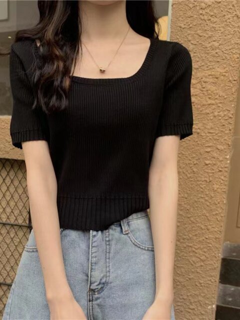Short-sleeved square collar tops for women 2024 new spring and summer ...