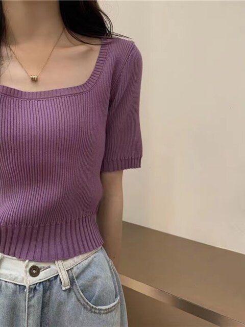 Short-sleeved square collar tops for women 2024 new spring and summer ...