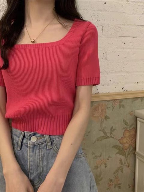 Short-sleeved square collar tops for women 2024 new spring and summer ...