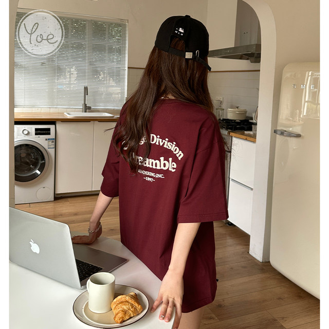 Yoe wine red t-shirt American retro women's pure cotton short-sleeved ...