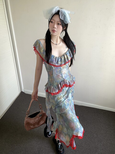 Blue homemade new one-shoulder U-neck blue color gold jacquard lace ...