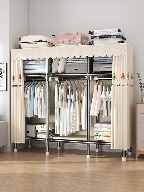 Simple fabric wardrobe Furnishing bedroom steel frame structure Black ...