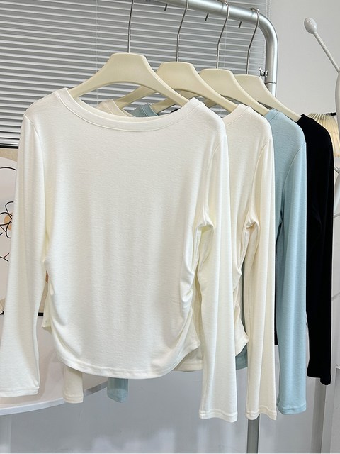 One word collar design, waist T -shirt female 2024 spring and autumn ...