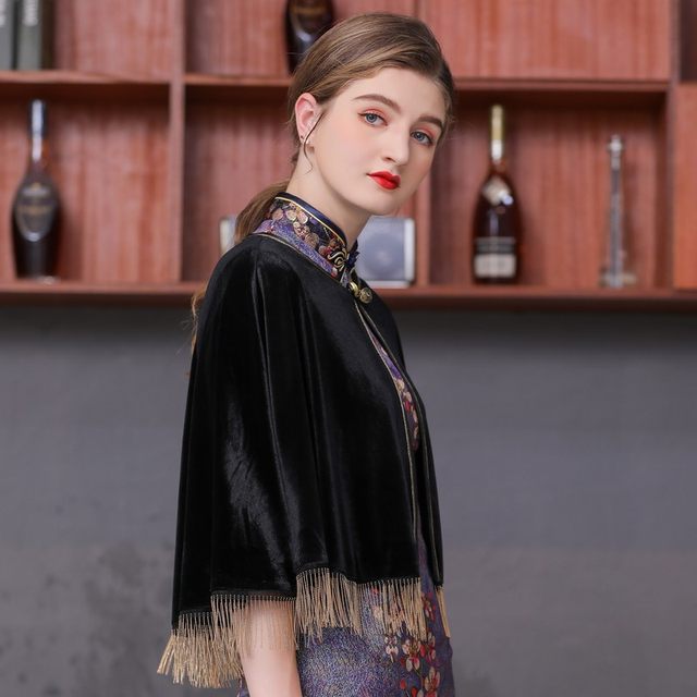 Gold velvet cheongsam shawl with spring and autumn short coat for women ...