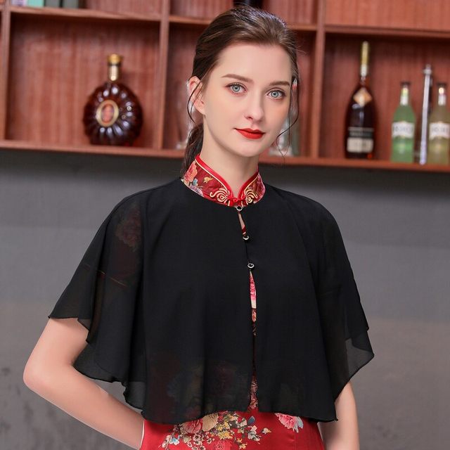 Chiffon cape jacket women's short top cheongsam cardigan spring and ...