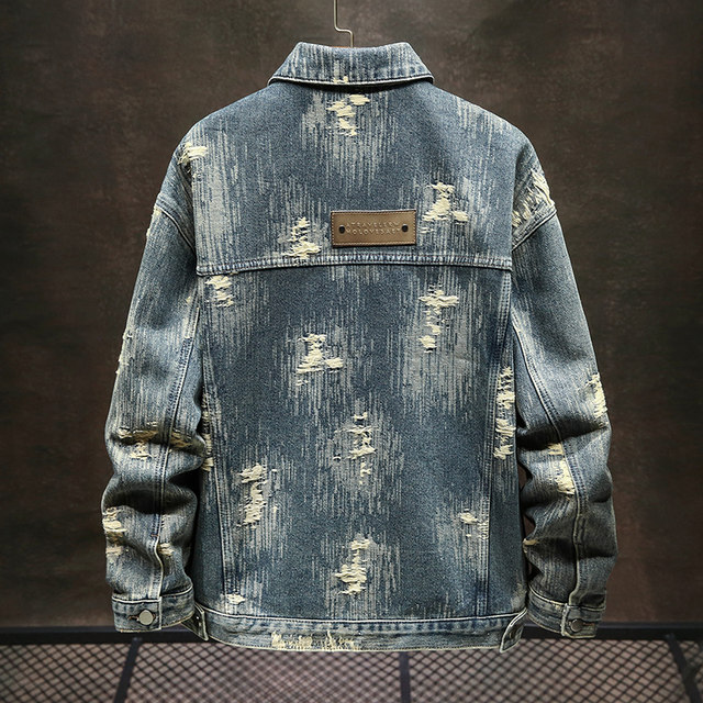 Frayed denim jacket men's spring and autumn American retro jacket loose ...