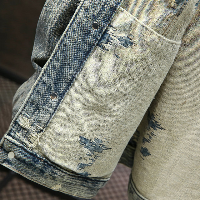 Frayed denim jacket men's spring and autumn American retro jacket loose ...