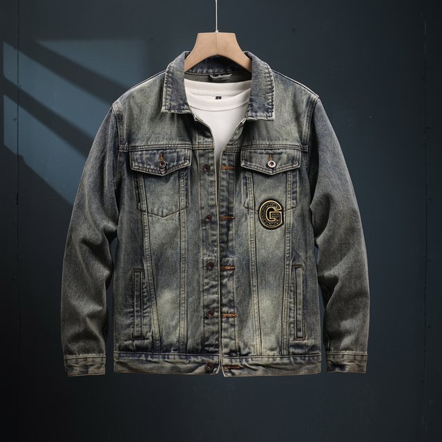 American denim jacket Men's tide brand retro bear embroidered jacket ...