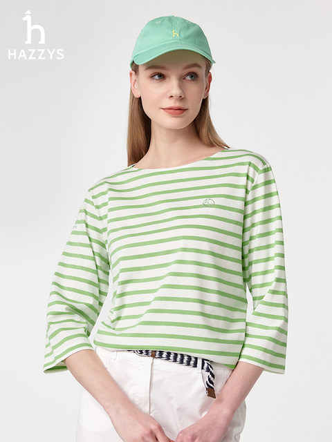 Hazzys T-shirt for women 2025 spring new fashion casual pull-out striped round neck loose top trendy