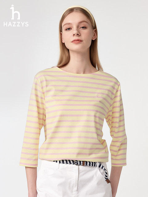 Hazzys T-shirt for women 2025 spring new fashion casual pull-out striped round neck loose top trendy