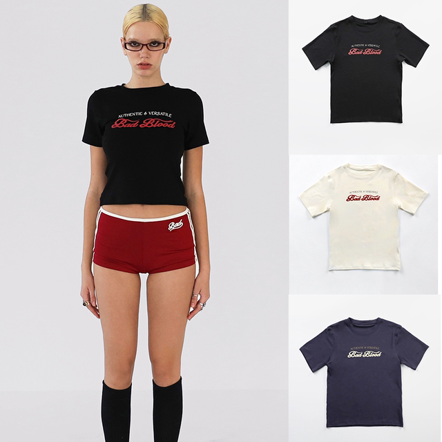 Korean Badblood T-shirt women's niche American round neck student color-blocking ins letter ...
