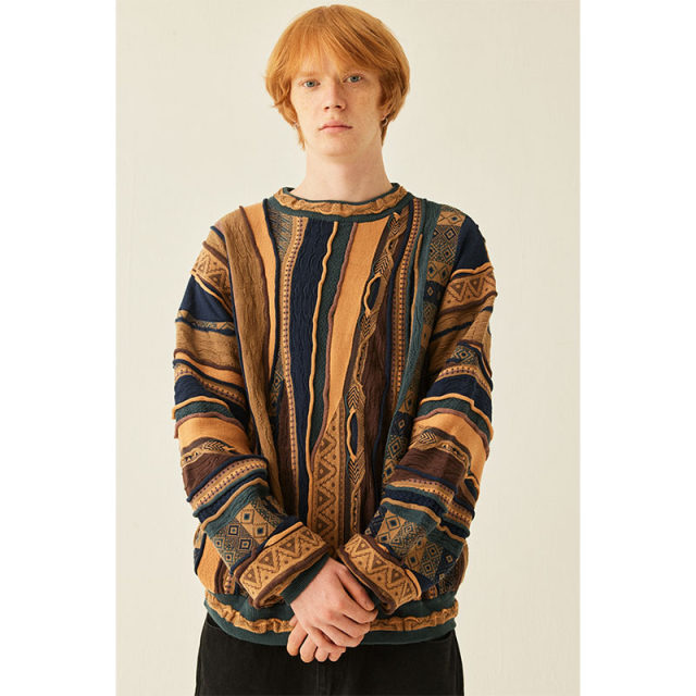 MEDRIA retro sweater pop bitter melon striped ethnic style pullover color matching for men and ...