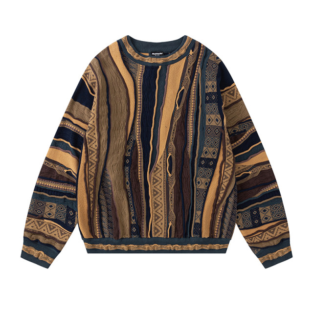 MEDRIA retro sweater pop bitter melon striped ethnic style pullover color matching for men and ...