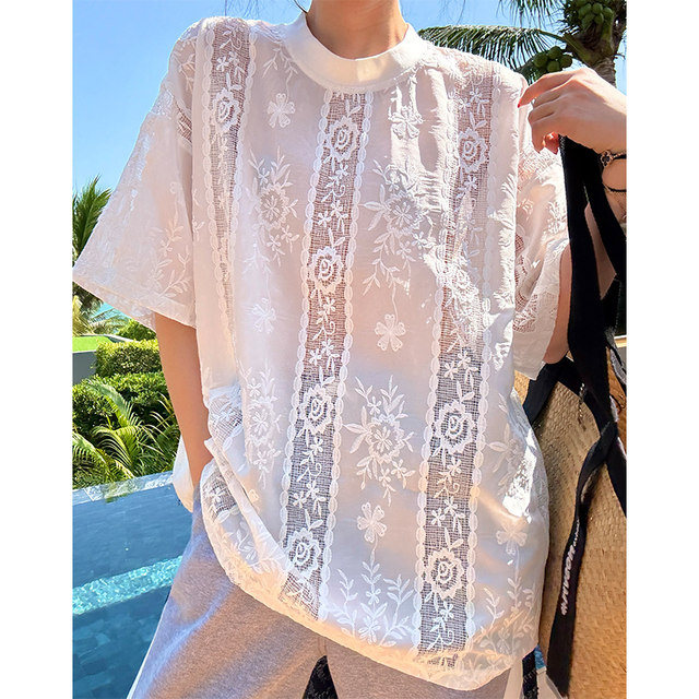 Li Wanjun embroidered jacquard loose slightly transparent short-sleeved ...