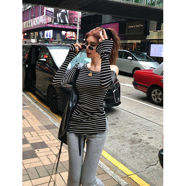 Li Wanjun Korean version irregular off-shoulder striped top for women ...