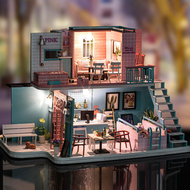 DIY House Handmade Destroy Villa toy Wood House Micro Fan Fan Cafe with ...