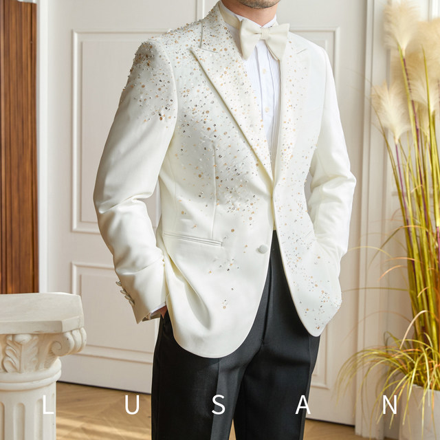 Mr. Lu San white dress banquet host suit handmade beading high craft ...