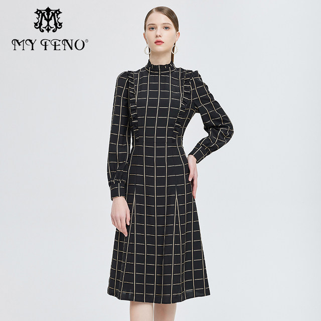Authentic Ma Tiannu autumn winter autumn black plaid stand collar dress ...