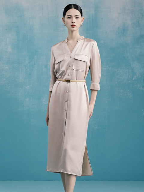 Ma Tiannu autumn and winter new solid color V -neck acetic acid dresses ...