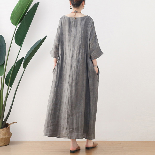 Xi brand high -end wind retro pure hemp dress loose meditation Chinese ...