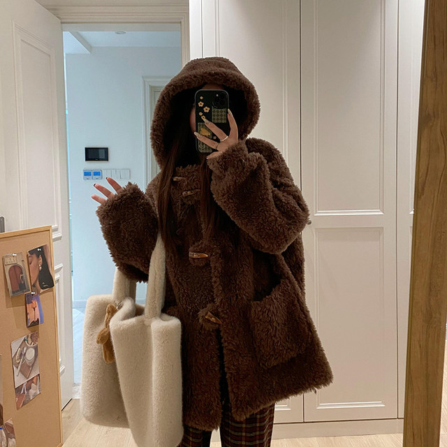 Teddy horns 2024 new lamb fur one-piece age-reducing hooded mid-length ...