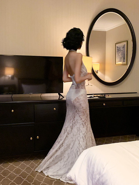 Island shop vacation style hollow sexy halter neck backless lace dress ...