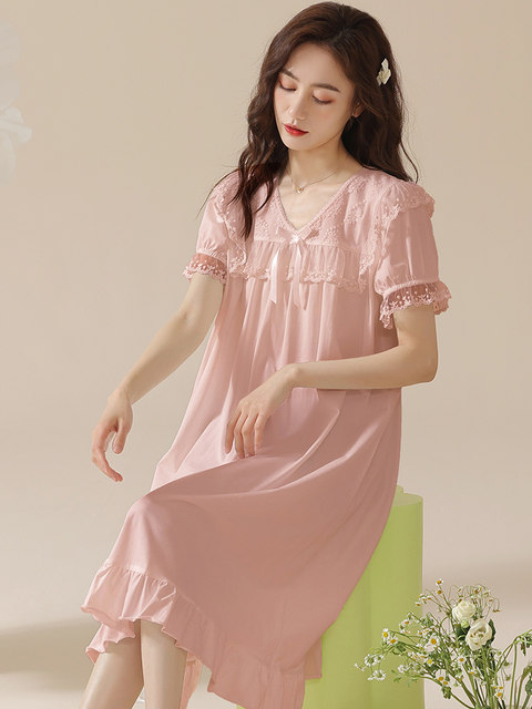 Cool lycra cotton nightgown for women summer short-sleeved pure cotton ...