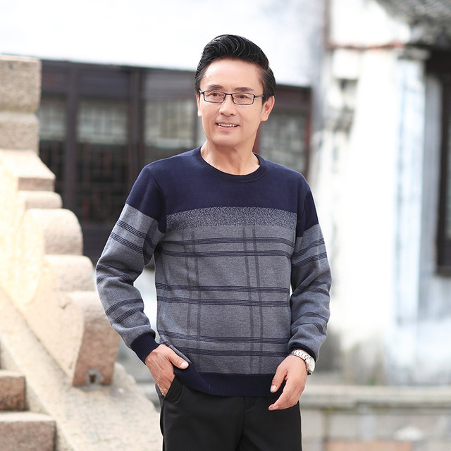 Dad sweater middle-aged men's knitted sweater round neck velvet ...