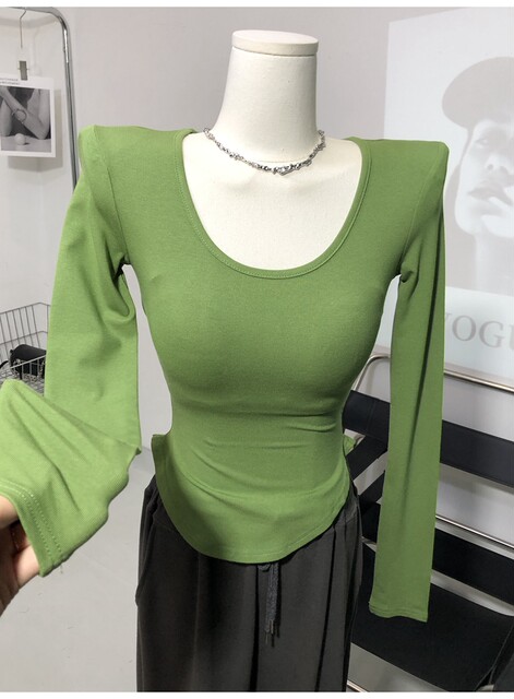 Paperman level shoulder pads U-neck arc hem long-sleeved T-shirt slim ...
