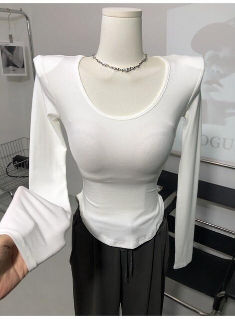 Paperman level shoulder pads U-neck arc hem long-sleeved T-shirt slim ...
