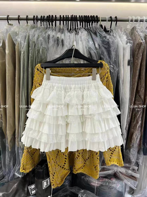 MH's 2024 new autumn Korean style lace fungus layered elastic waist slimming versatile skirt for ...