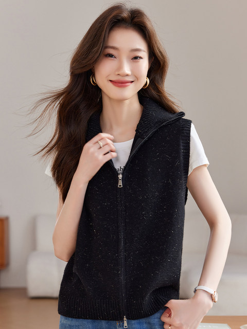 Stand-collar cashmere vest for women loose and slim knitted wool horse ...