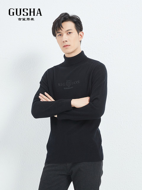Gusha black turtleneck 100% pure wool sweater men's warm simple casual ...