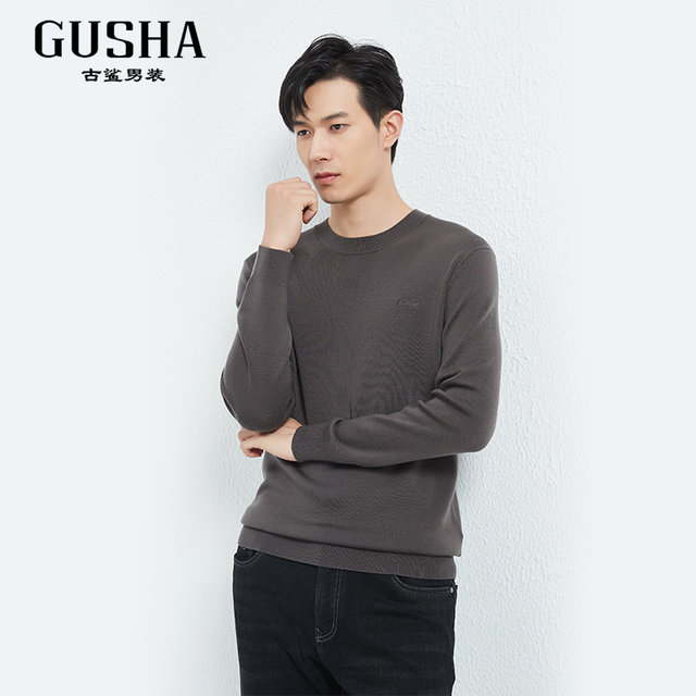Gusha black simple sweater men's thickened warm worsted sweater winter ...