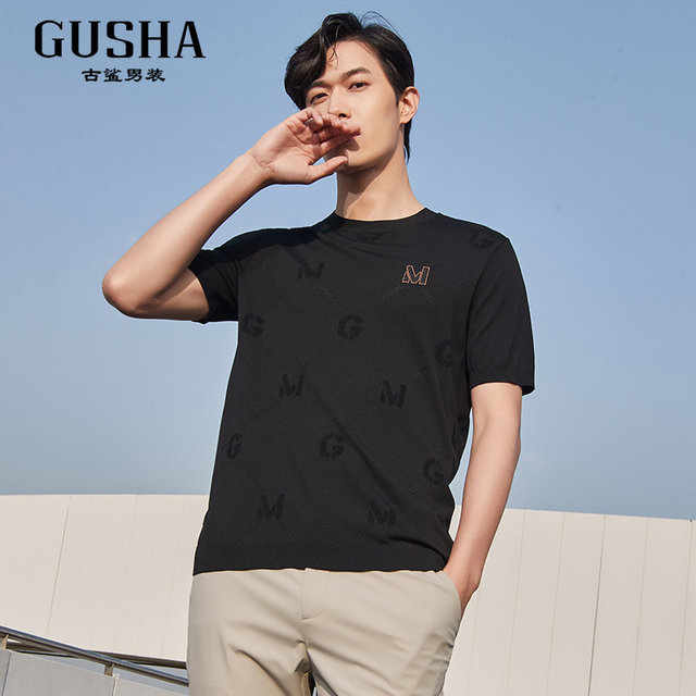 Gusha black men's short-sleeved sweater high-end fashion no-iron T ...