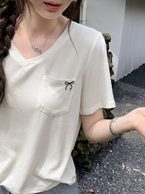 New bow embroidered V-neck short-sleeved T-shirt for women's summer new basic white loose casual ...