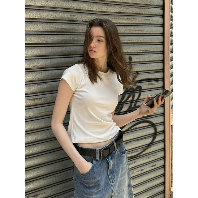 UNRETRO Dopamine Wear American Millennial Hot Girl Style Slim Right Shoulder Short Sleeve T ...