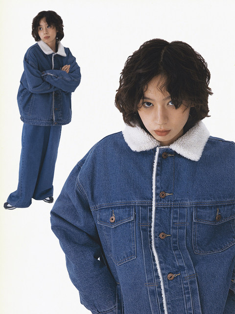 Unretro retro blue lamb wool inner bile plus velvet denim jacket female ...