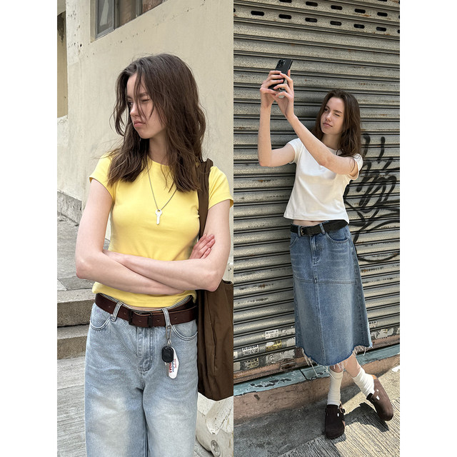 UNRETRO Dopamine Wear American Millennial Hot Girl Style Slim Right Shoulder Short Sleeve T ...