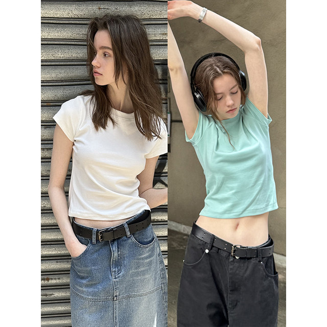 UNRETRO Dopamine Wear American Millennial Hot Girl Style Slim Right Shoulder Short Sleeve T ...