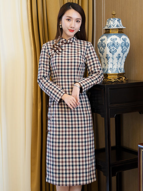 Plaid cheongsam winter thickened quilted improved dress mid-length ...