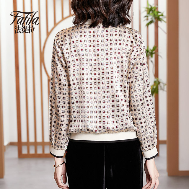 Printed silk jacket women's short spring and autumn new long-sleeved ...